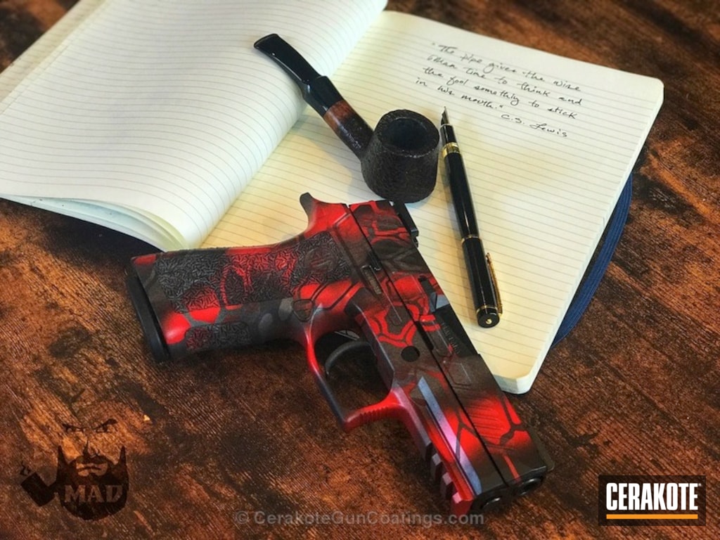Sig Sauer P320 Handgun Cerakoted In A Black And Red Kryptek Camo Finish