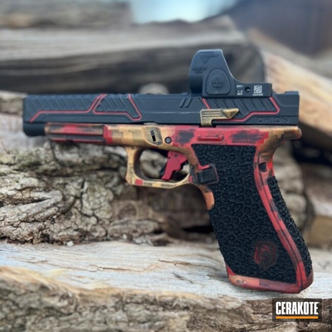 Pistol featuring a Graphite Black, Firehouse Red and Gold Finish | Cerakote