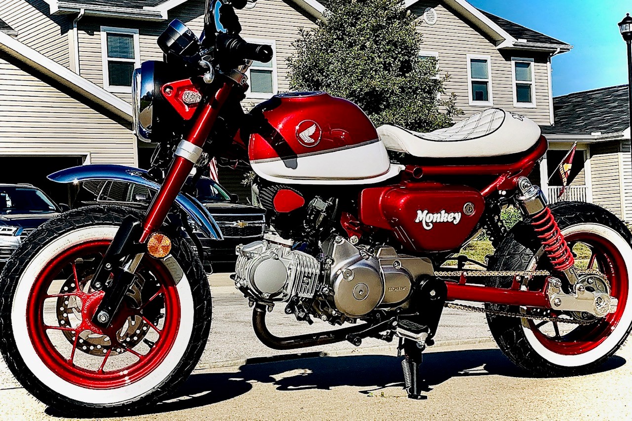 Custom Honda Monkey Coated In Heavy Silver And Lollypop Red Prismatic Custom Honda Monkey Coated In Heavy Silver And Lollypop Red Prismatic